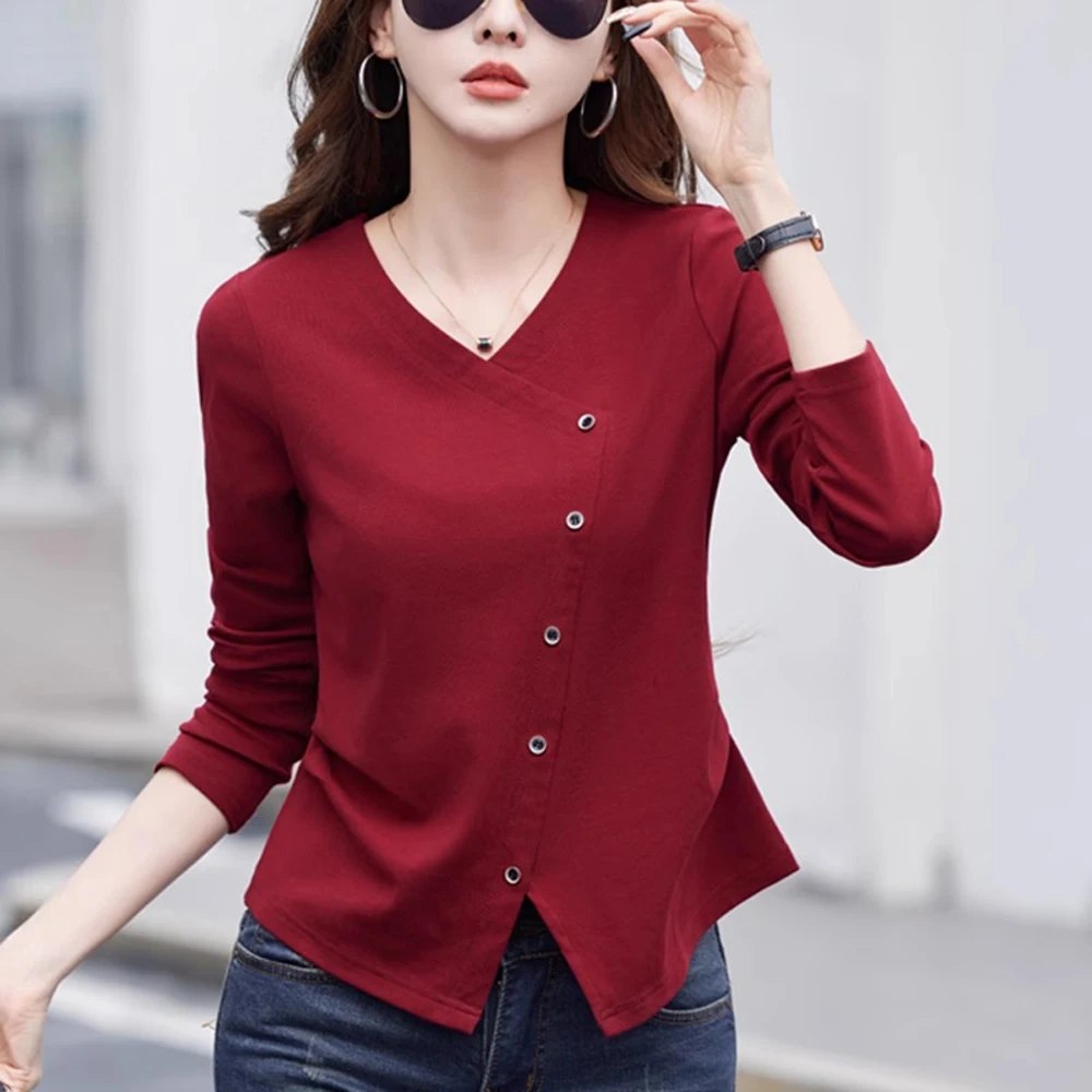 Angola red pure cotton long sleeved T-shirt for women in spring and ...