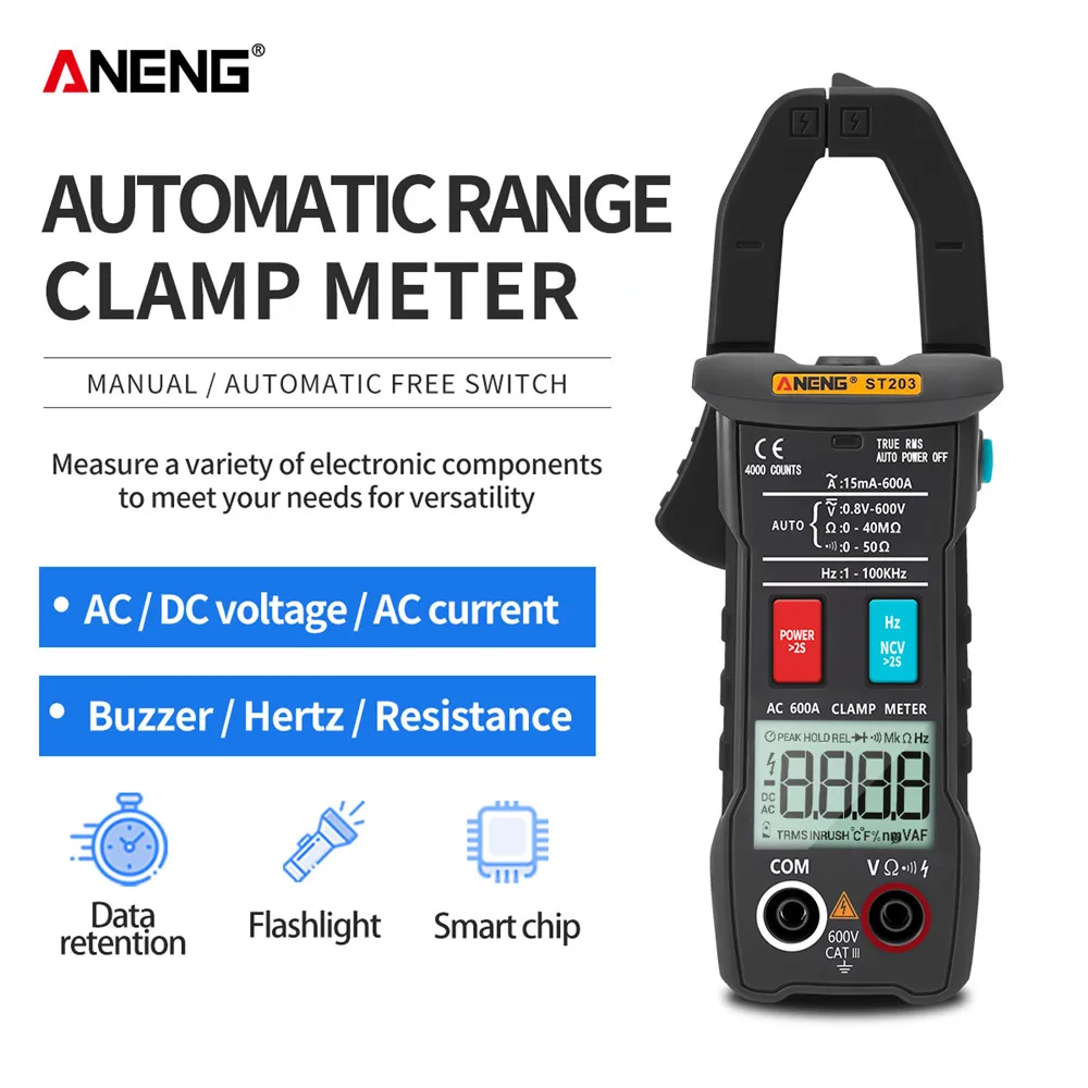 Aneng St203 Digital Clamp Meter Multimeter 4000counts True Rms Mini Amp ...