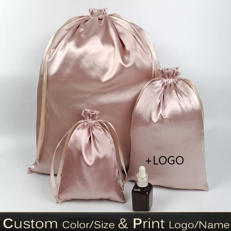 20pcs Rose Gold Silk Gift Bags Satin Drawstring Pouch Makeup Shoes Clothes Virgin Hair Wig ...
