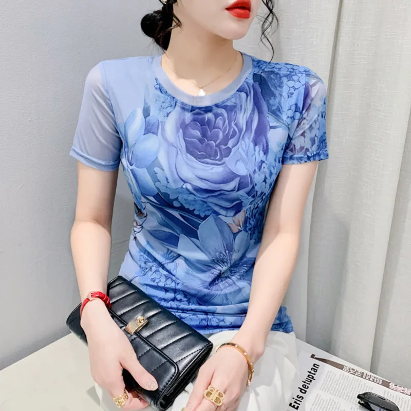 5361-Floral-3d-Printed-Tshirt-Women-Thin-Tight-Elastic-Mesh-T-Shirt-For ...