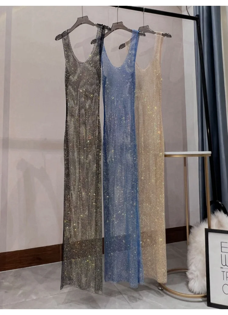 Diamond-Party-Daywear-Round-Neck-Sexy-Long-Diamond-Mesh-Bottom-Dress ...