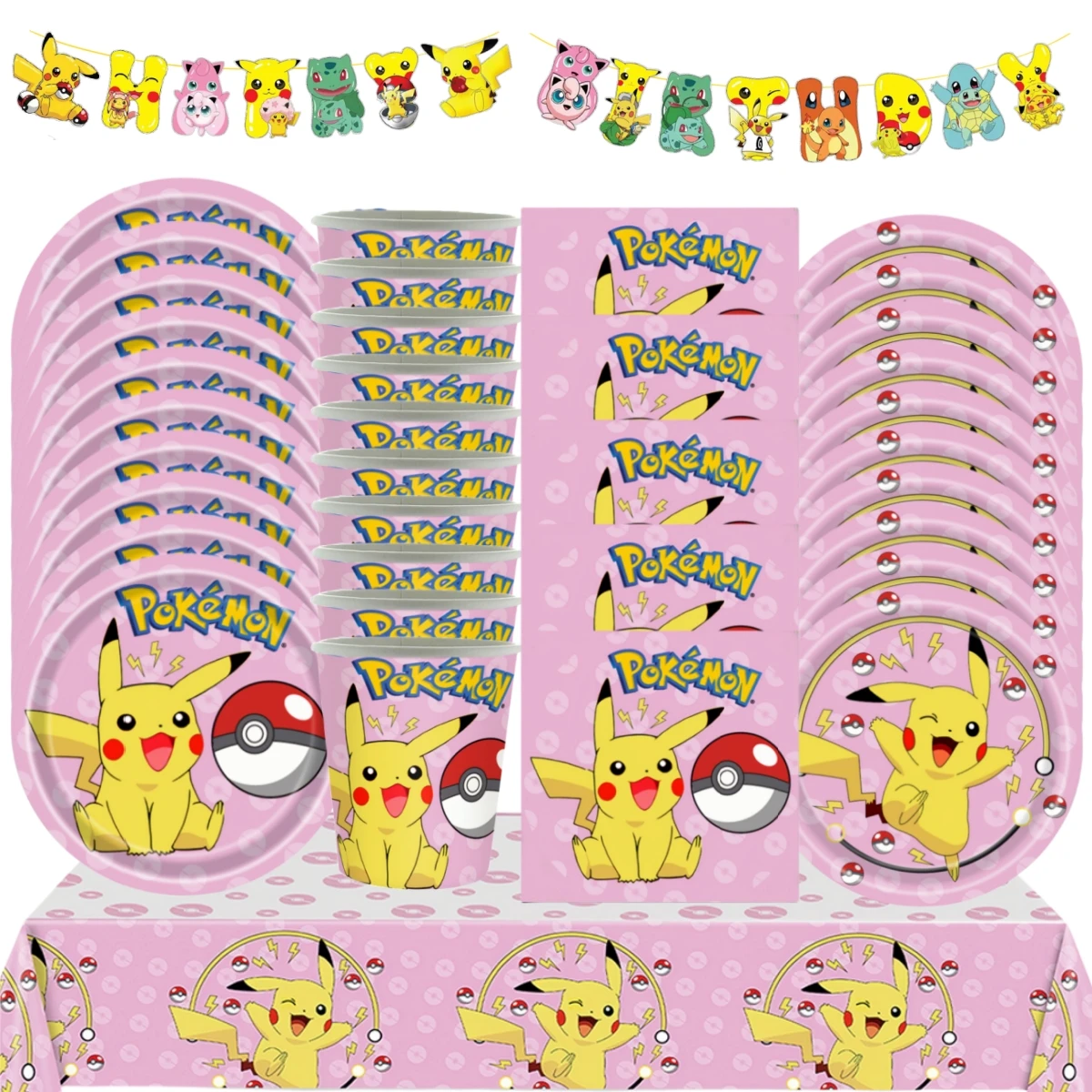 Pink-Pokemon-Birthday-Party-Decoration-Disposable-Tableware-Set-Pikachu ...