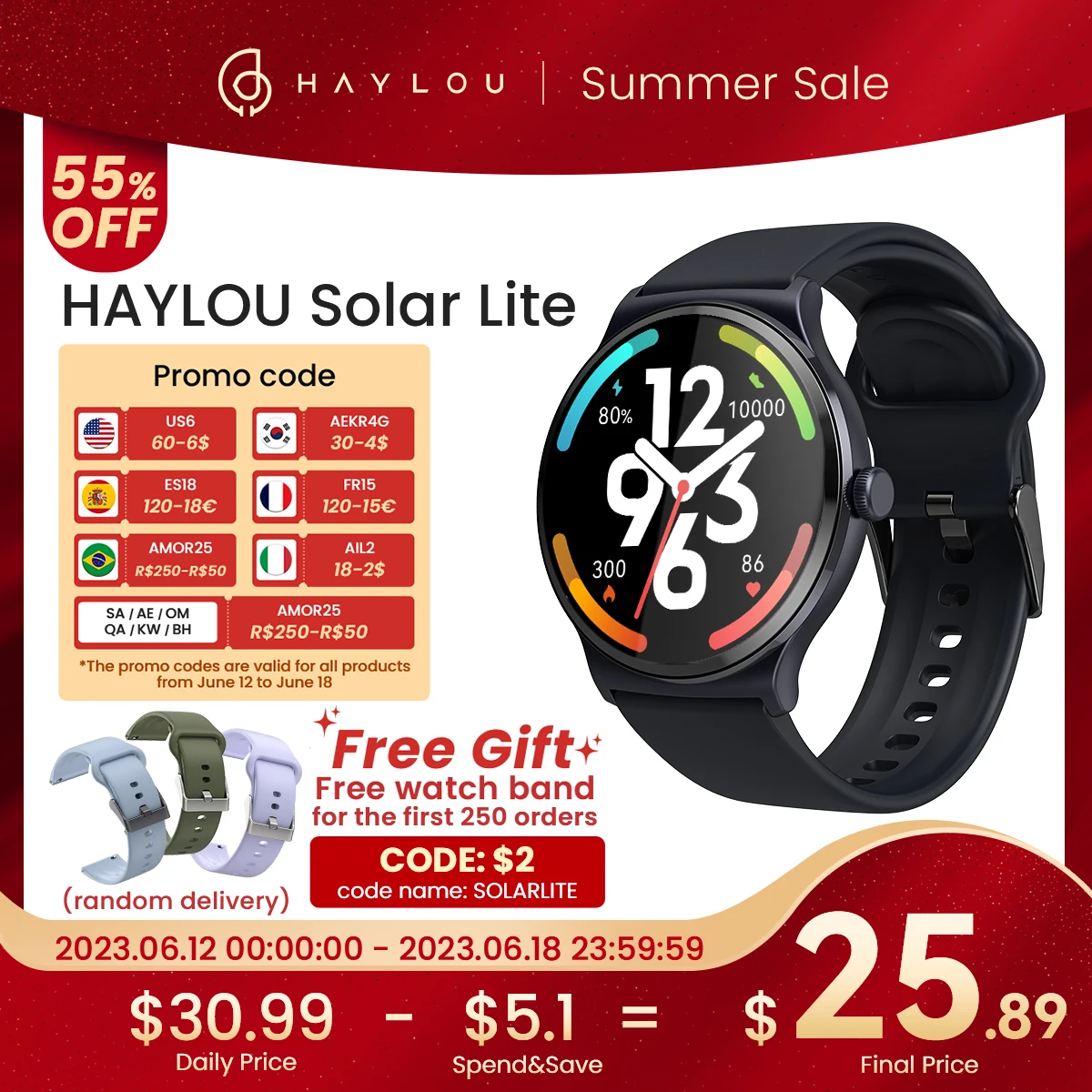Haylou jam tangan pintar Solar Lite, arloji Cerdas tampilan 1.38 ...