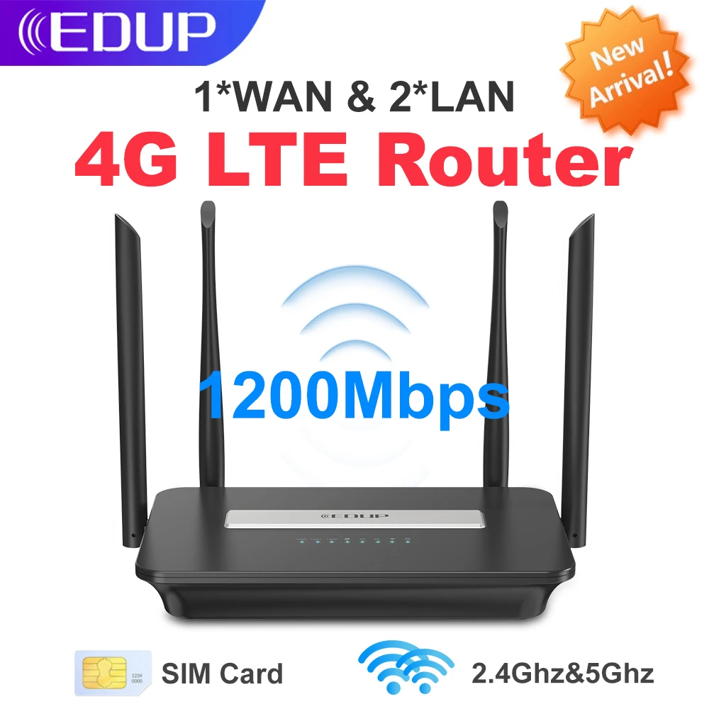 EDUP 1200Mbps 4G 와이파이 라우터, 2.4Ghz, 5.8Ghz, 4G LTE 모뎀, SIM 카드 슬롯, LAN 포트 라우터 안테나, 와이파이 동글, 무선 핫스팟 ...