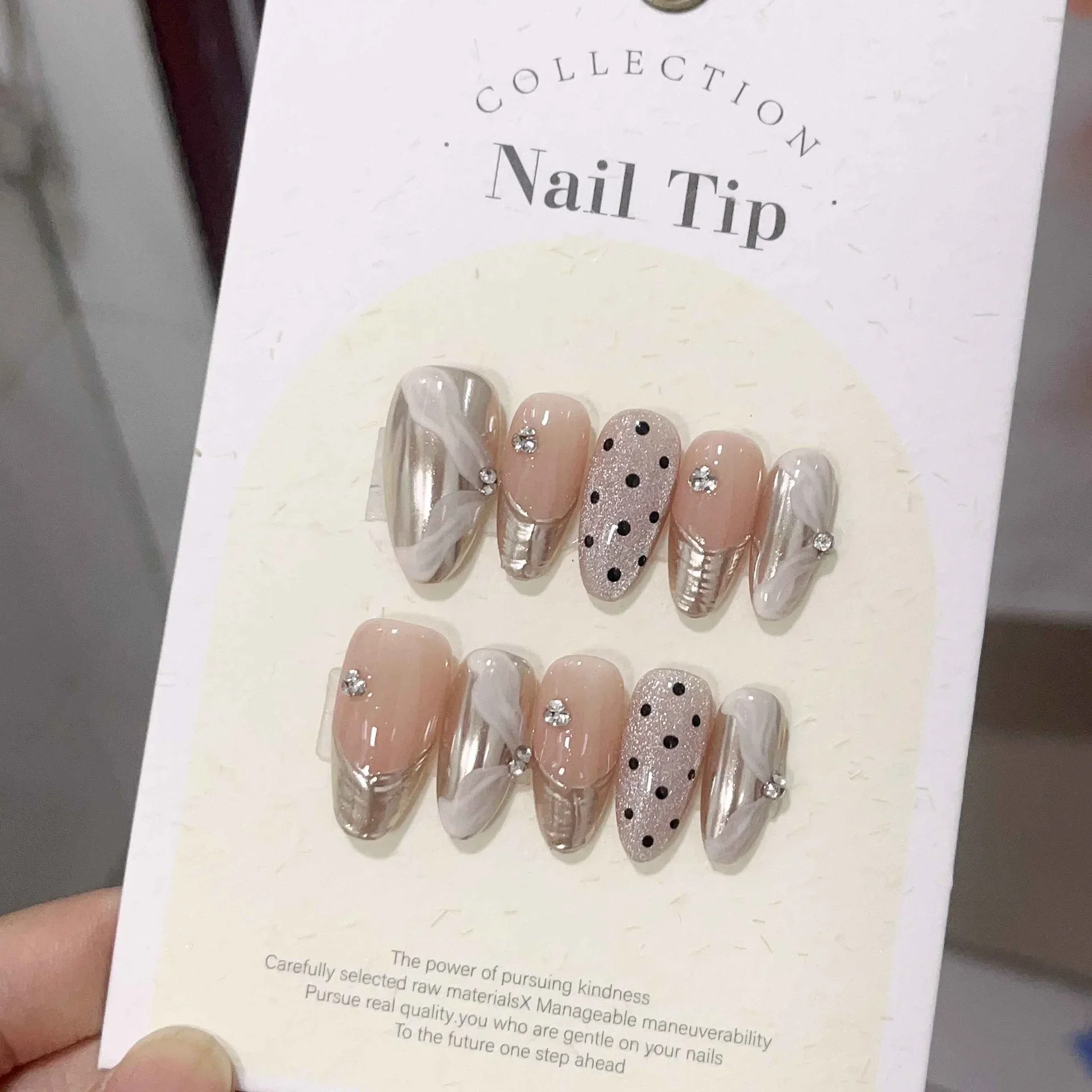 10pc-french-almond-dot-nails-press-on-Ribbon-rhinestone-design-false ...