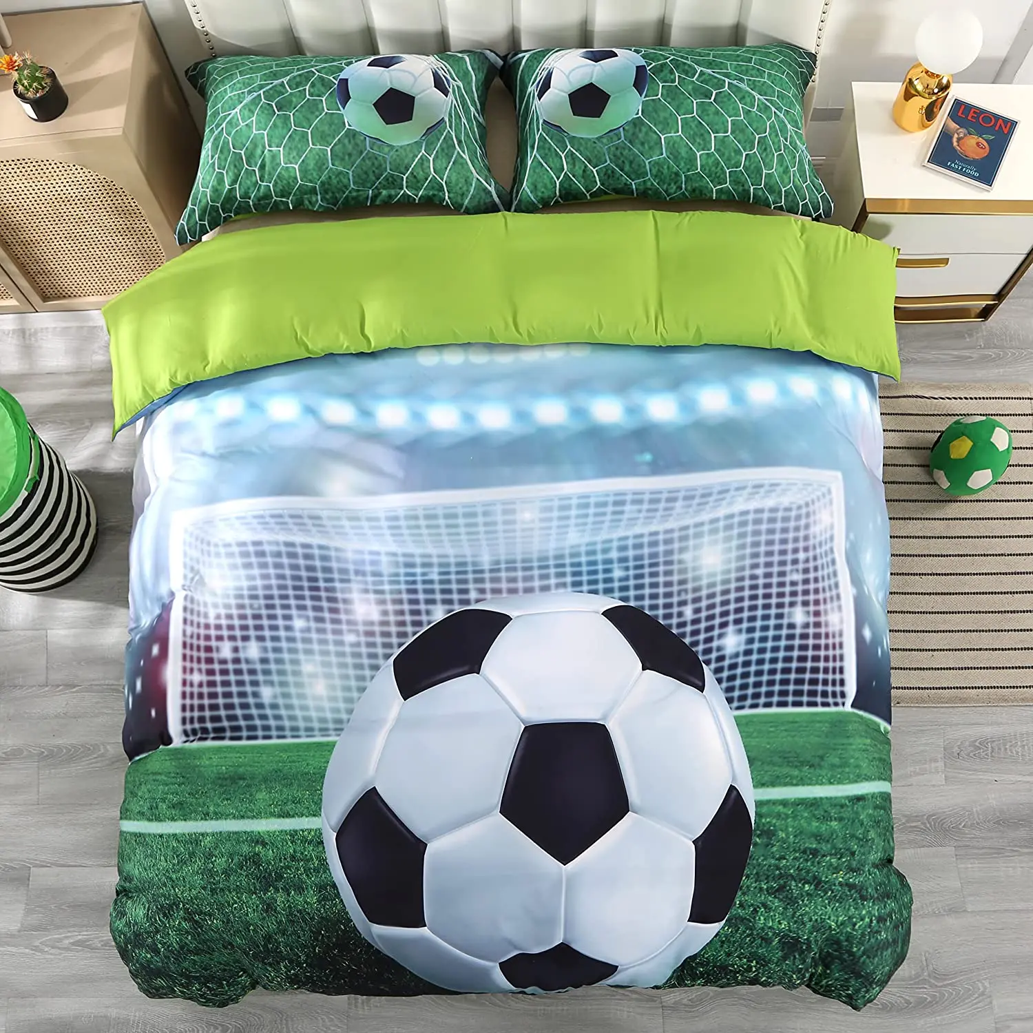 Green-3D-Soccer-Bedding-Twin-3-Piece-Microfiber-Foot-Ball-Print-Duvet ...