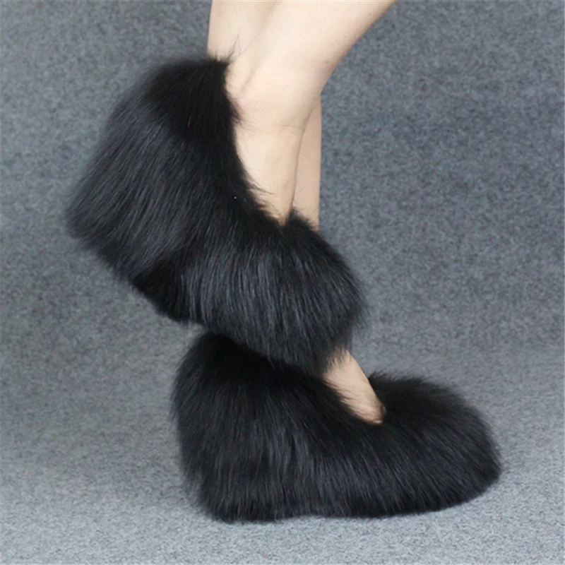 Black-Fox-Fur-High-Heels-for-Women-Round-Toe-Furry-Dress-Shoes-Ladies ...