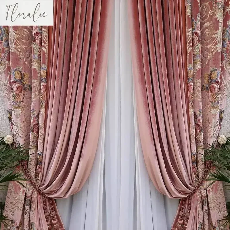 European Embroidery Pink Luxury Velvet Curtains for Living Dining Room ...