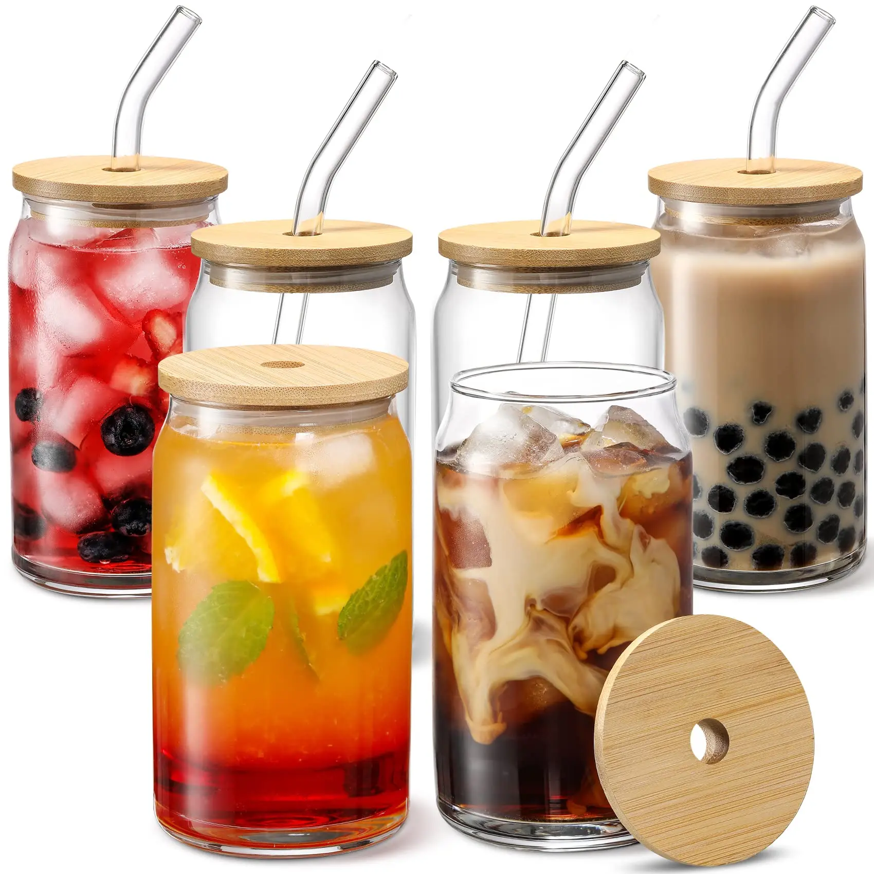 Glass Cups With Bamboo Lids And Glass Straw Reusable Boba Cup Glass Tea ...