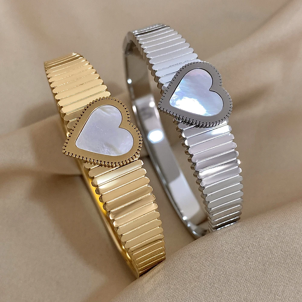 Stainless-Steel-White-Shell-Love-Heart-Fashion-Geometry-Bangles ...