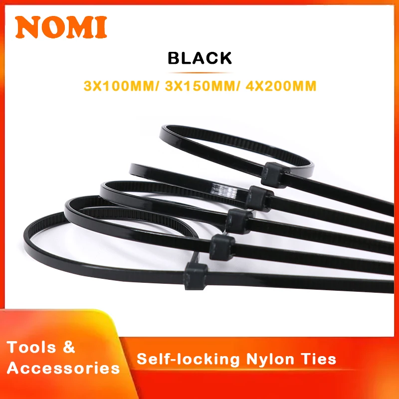 100-150-200mm-Black-Nylon-Cable-Ties-Self-Locking-Plastic-Zip-Wire ...