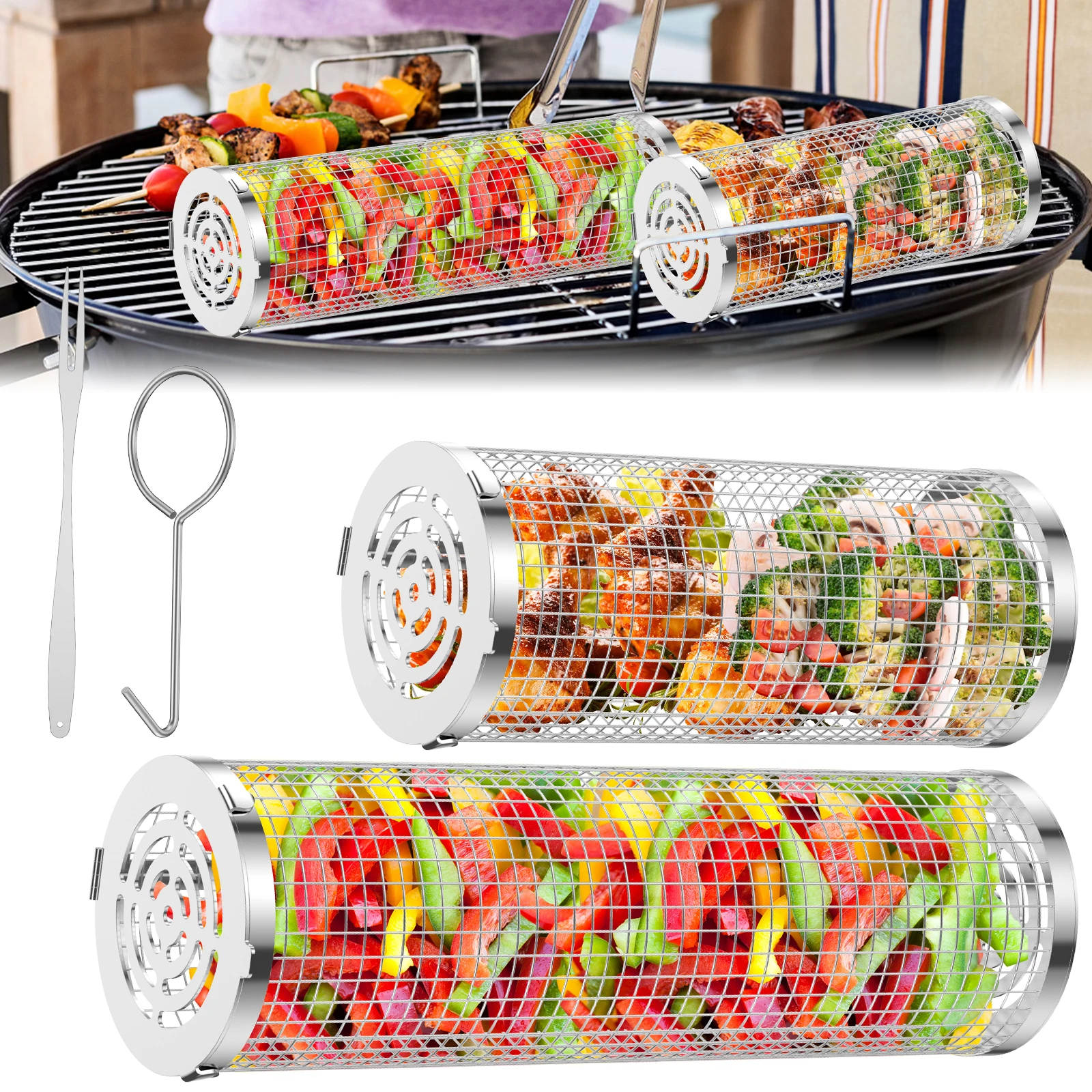 Round-Rotisserie-Basket-BBQ-Stainless-Steel-Mesh-Barbecue-Rack-Washable ...