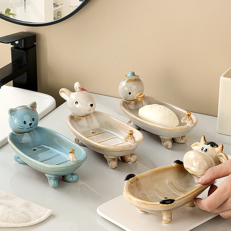 Cartoon Animal Shape Soap Dish Holder Ceramic Soap Holder Cartoon Cute Bathtub Shaped Soap Case ...