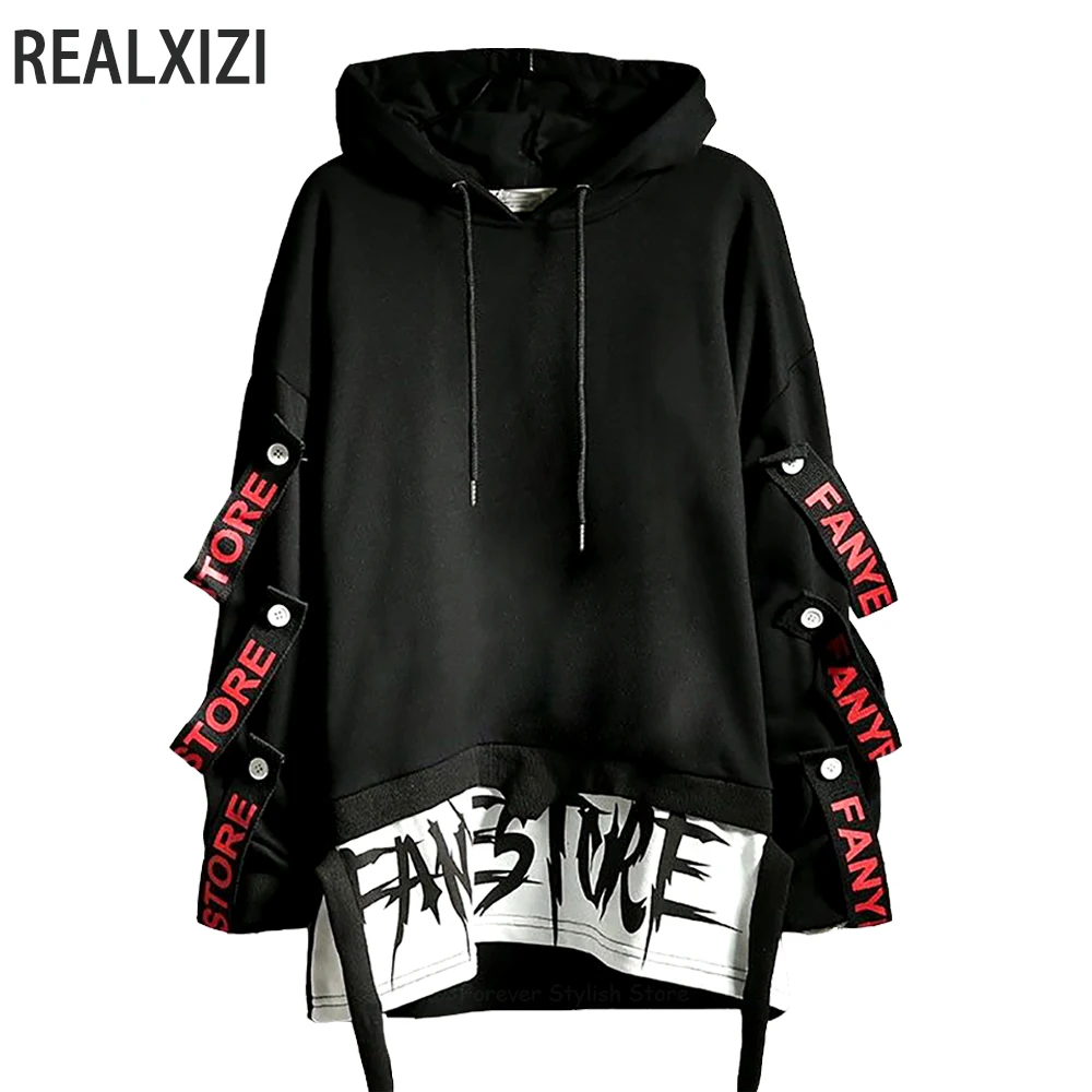 Patchwork-Hoodies-Ribbons-Thin-Letter-Print-Hoodie-Black-Solid-Long ...