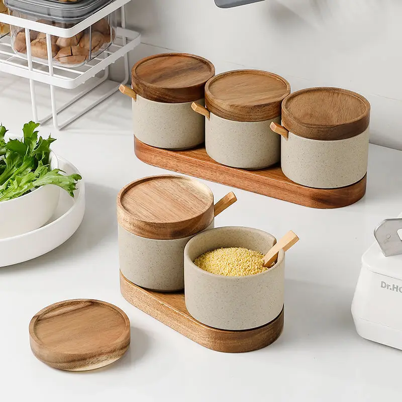 Kitchen-Ceramic-Seasoning-Jar-with-Wooden-Lid-and-Spoon-Salt-Pepper ...