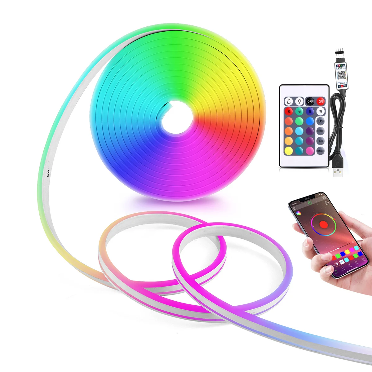 5V USB RGB Neon LED Strip Light,1/2/3/4/5M Waterproof Neon Strip With ...