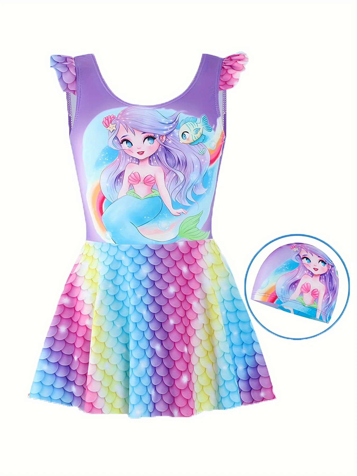 Girls-Mermaid-1-Piece-Swim-Dress-Matching-Swim-Cap-Cute-Bathing-Suit ...