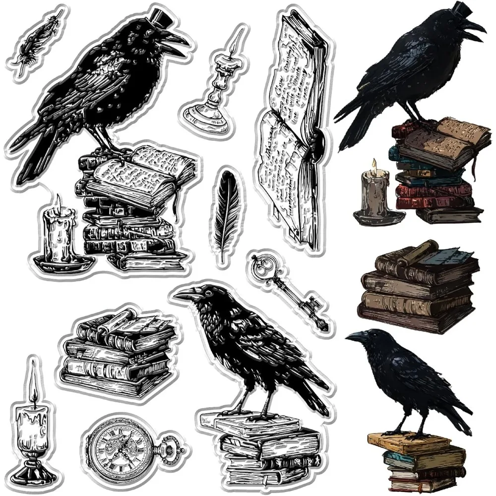Crow Clear Stamp Vinatge Raven Books Rubber Stamps Halloween Reusable ...