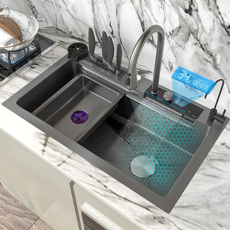 Stainless-Steel-Kitchen-Sink-Embossed-Waterfall-Sink-Multifunctional ...