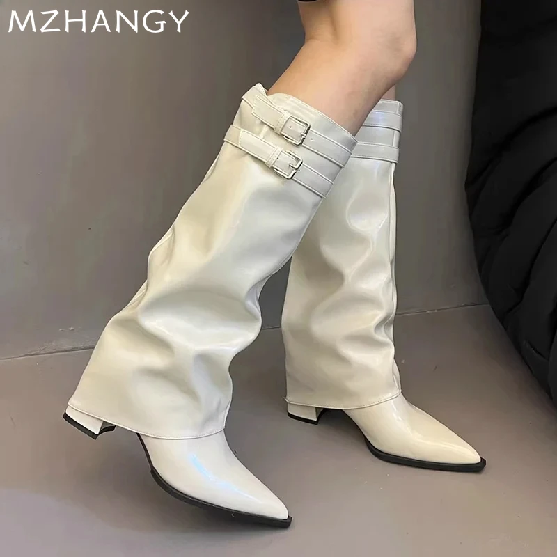 Botas-altas-con-punta-estrecha-para-Mujer-zapatos-sexis-de-cuero-con ...