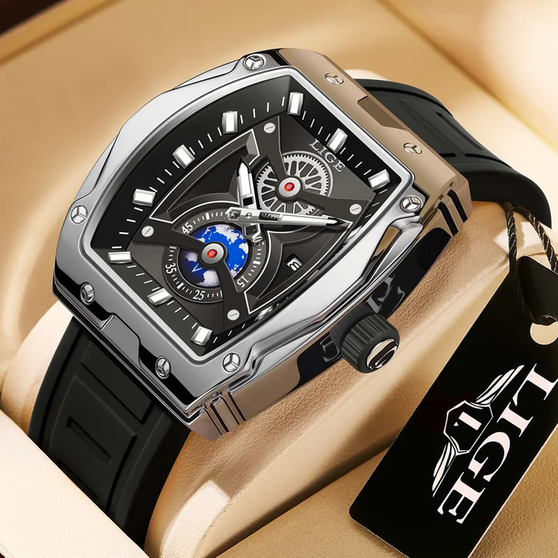 LIGE Square Men's Wrist Watches Blue Planet Creative Earth Automatic ...