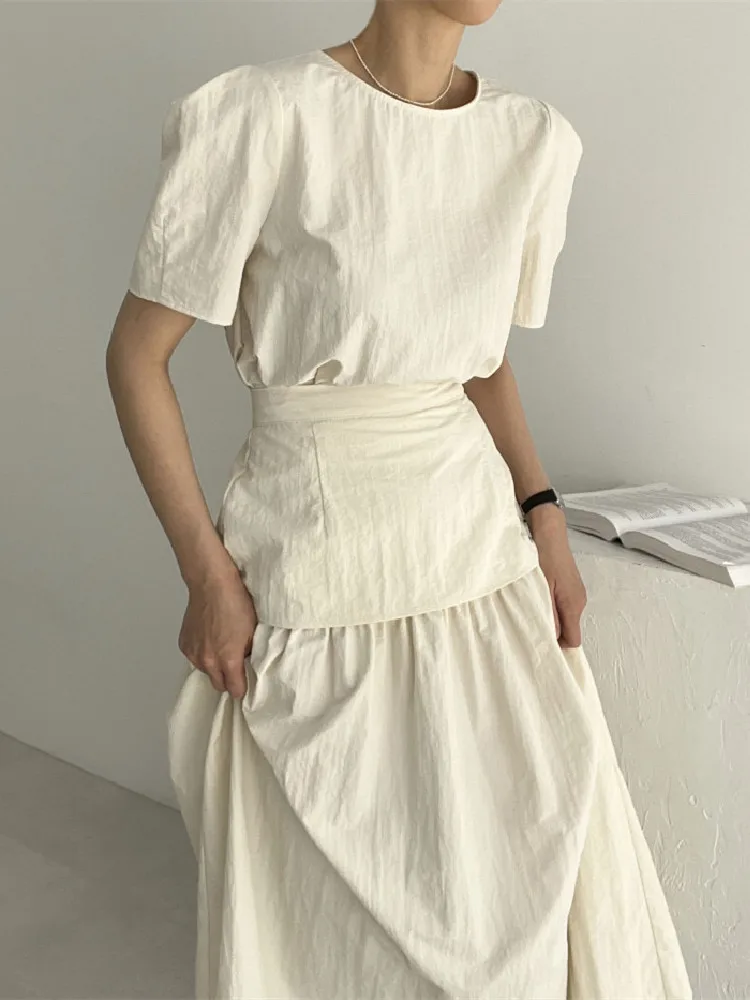 Summer-Two-Piece-Set-Women-Korean-Style-O-neck-Solid-Color-Tops-High ...