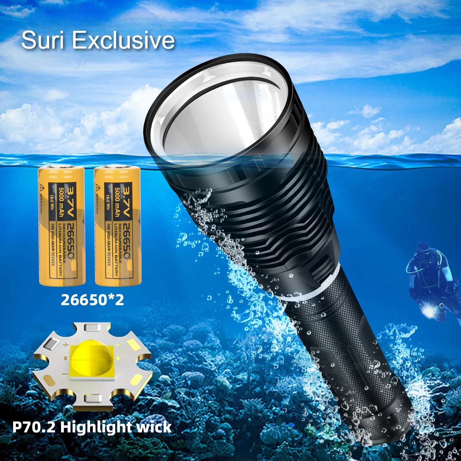 5000LM Pro P70 Chip Diving Flashlight IPX8 Waterproof Dive Light LED ...