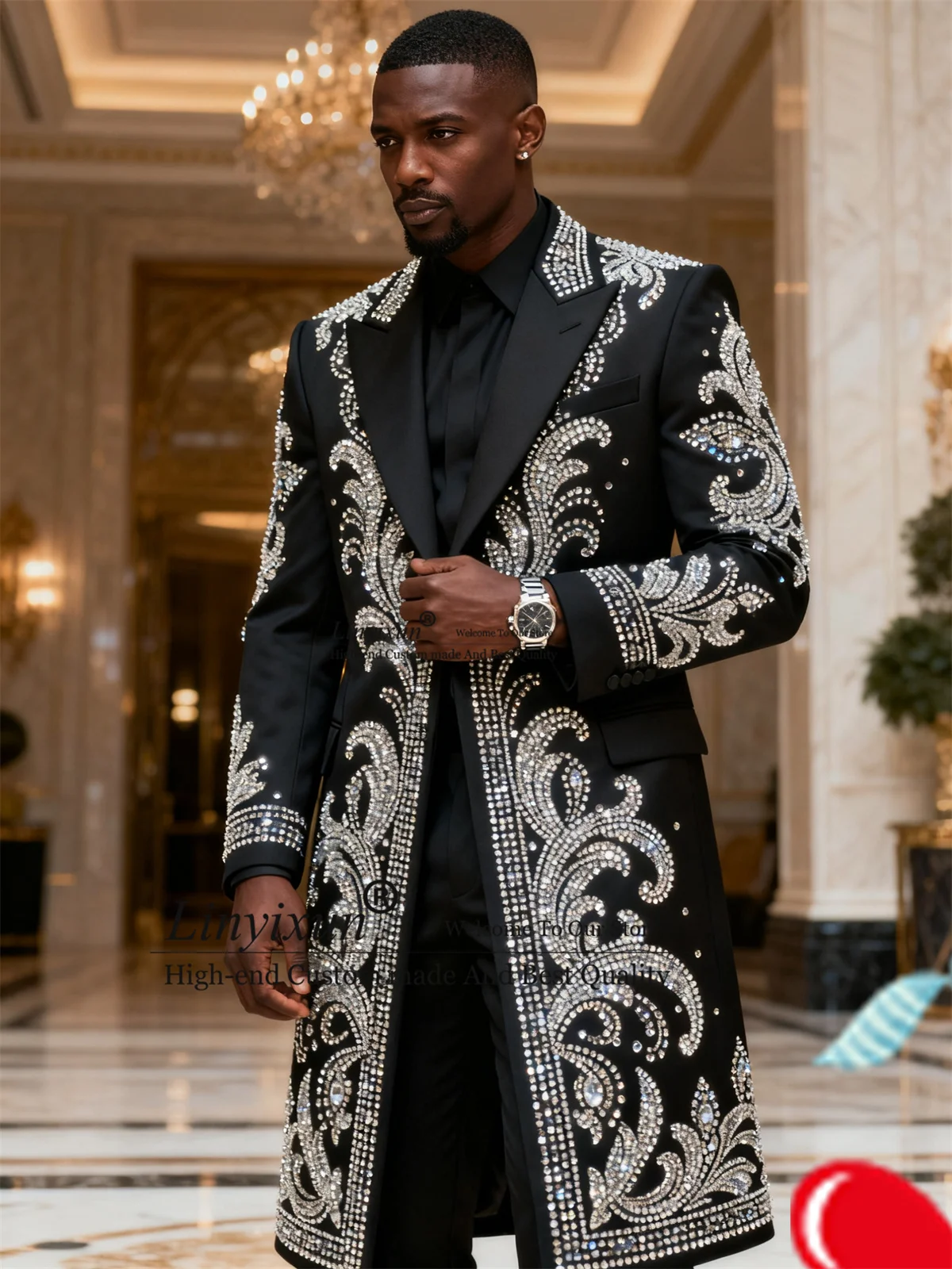 Handsome Long Coat Men Suits Sparkly Rhinestone Crystal Groom Tuxedos ...