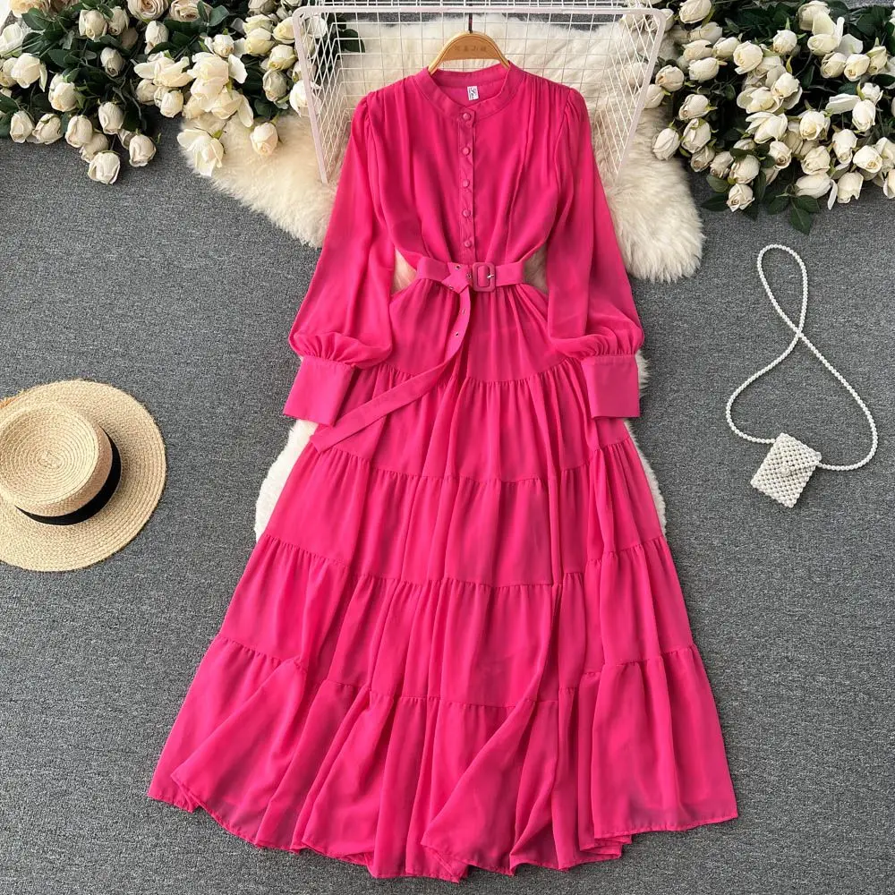Women-Spring-Autumn-Clothing-New-V-neck-Single-Breasted-Chiffon-Dress ...