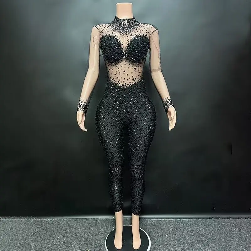 Women-Sexy-Shiny-Crystal-Diamond-Elastic-High-Neck-Bodysuit-Cross ...