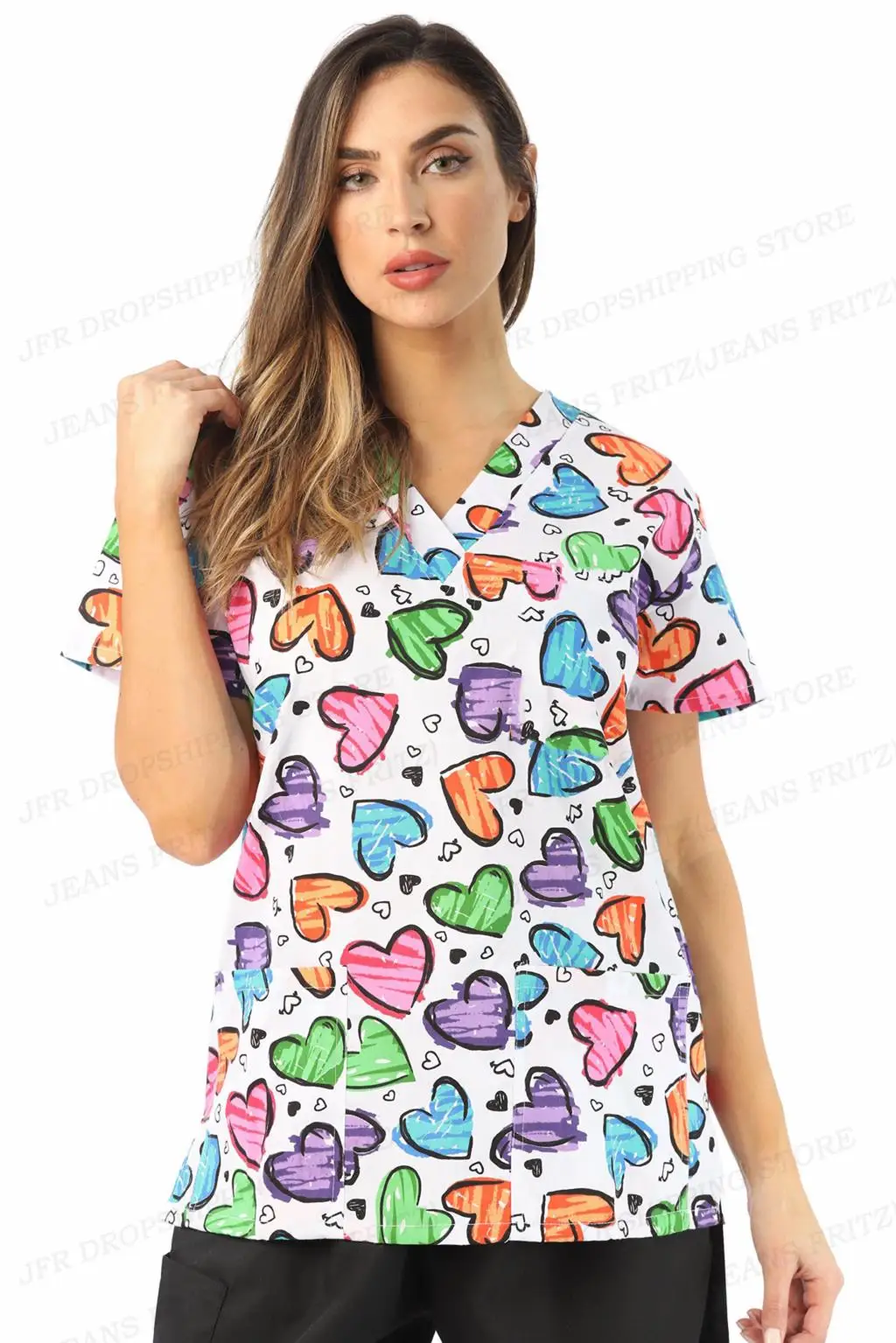 Women-Nurse-Uniform-Love-Heart-V-Neck-Pocket-Medical-Uniforms-Harajuku-Flower-Nursing-Scrubs ...
