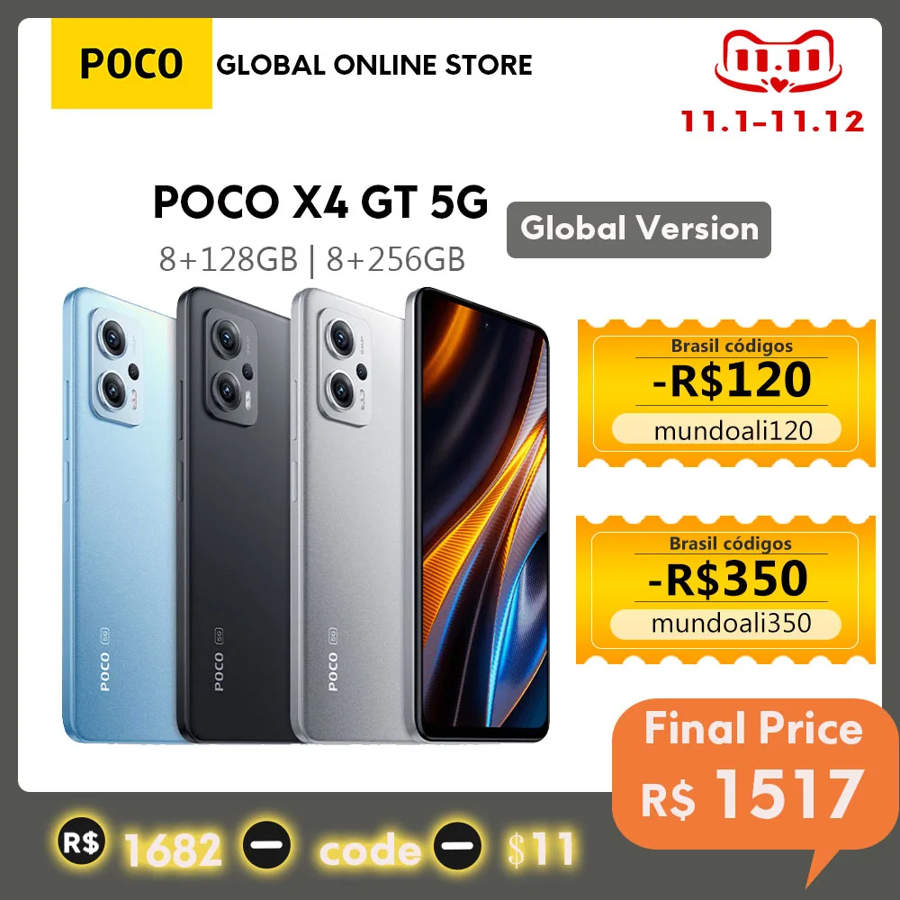 Versão global poco x4 gt 5g smartphone 128gb/256gb dimensão 8100 144hz ...