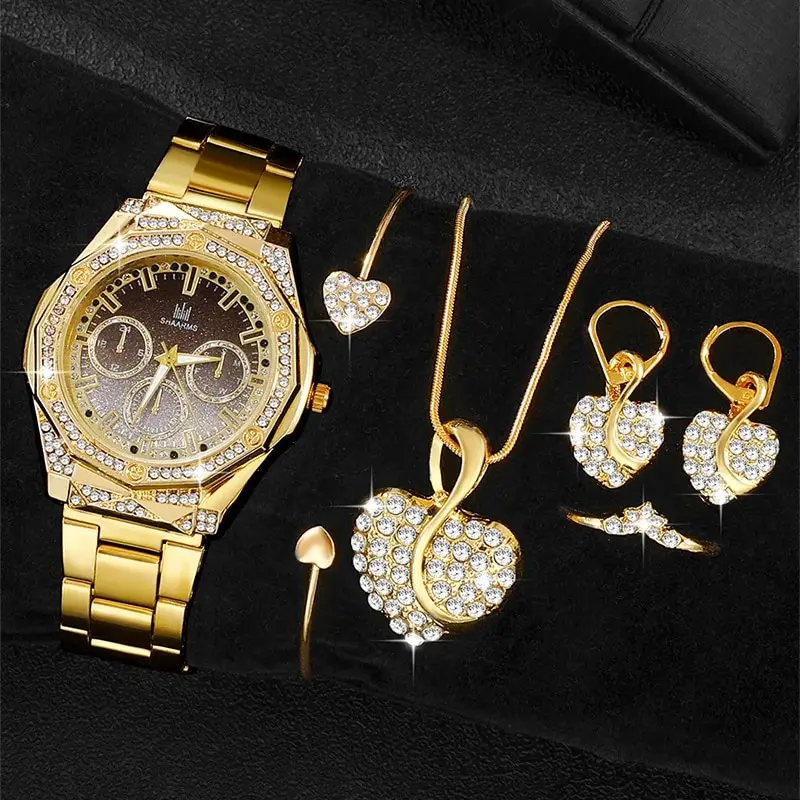 Golden-Luxury-Watch-Women-Ring-Necklace-Earring-Rhinestone-Fashion ...