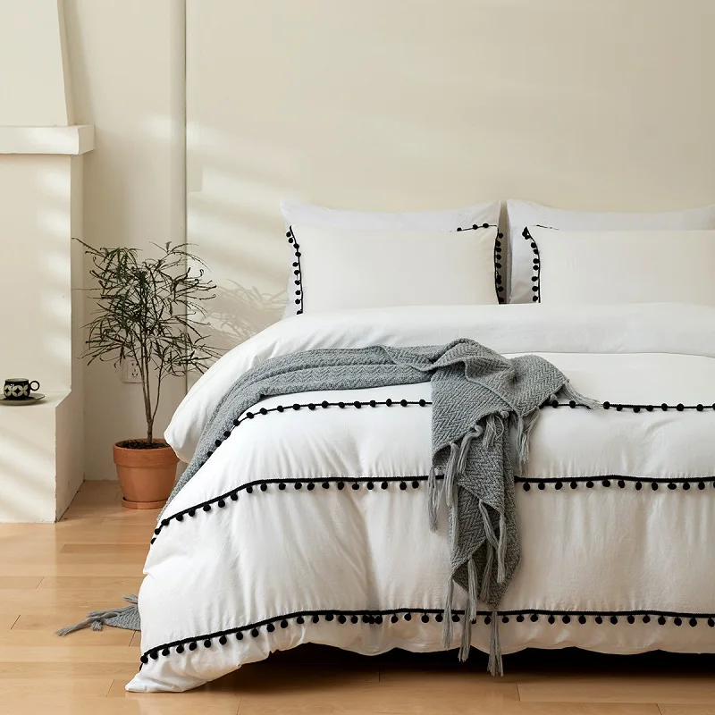 Nordic Bedding Set With Pompom Ball Decor Duvet Cover US Single Queen ...
