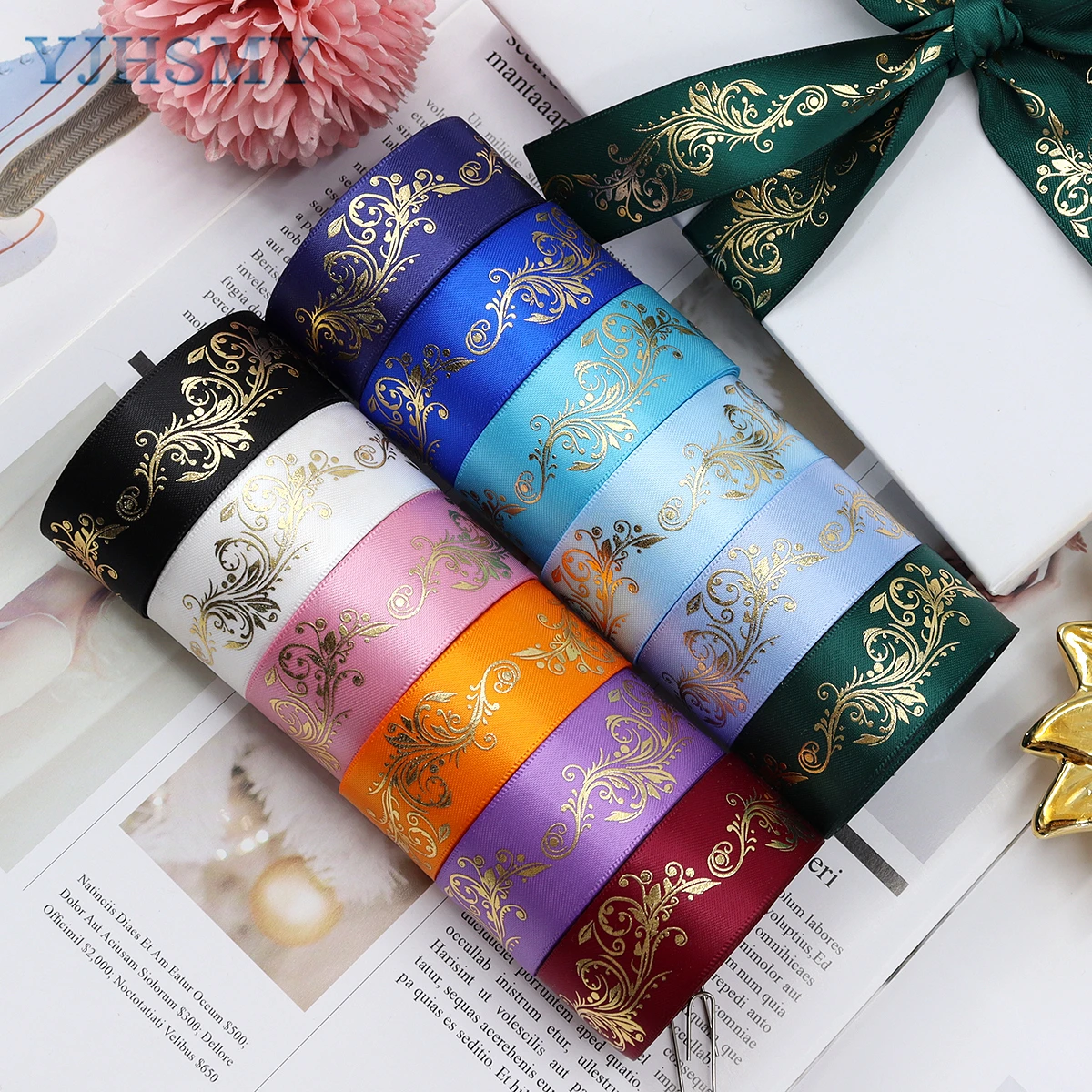 1-inch-Gold-Foil-Satin-Ribbon-Printed-Flower-for-DIY-Craft-Gift ...