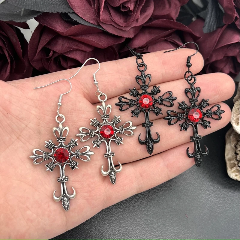 Ornate-Gothic-Cross-Earrings-Hip-Hop-Rock-Cross-Red-Oil-Drip-Crystal-Earrings-Aesthetic ...