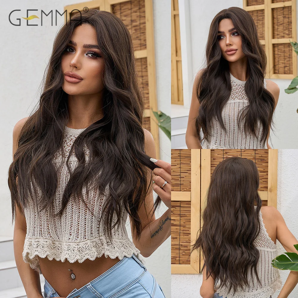Long Wavy Dark Brown Hair Wig Synthetic Natural Wave Wigs for Balck ...