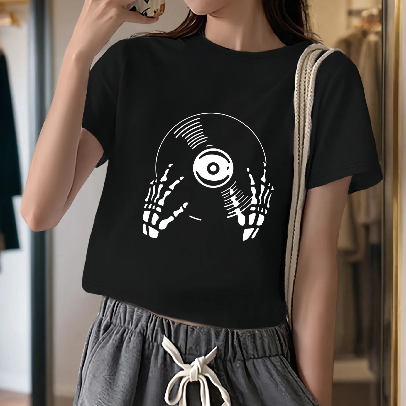 human-skeleton-Print-Summer-Midriff-Baring-Short-T-Shirt-Round-Neck ...