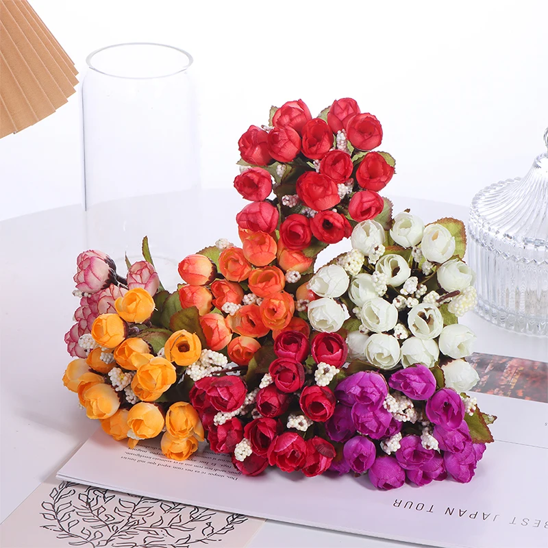 Flores artificiais para decoração, 1 buquê, 15 cabeças, rosa, pérola ...