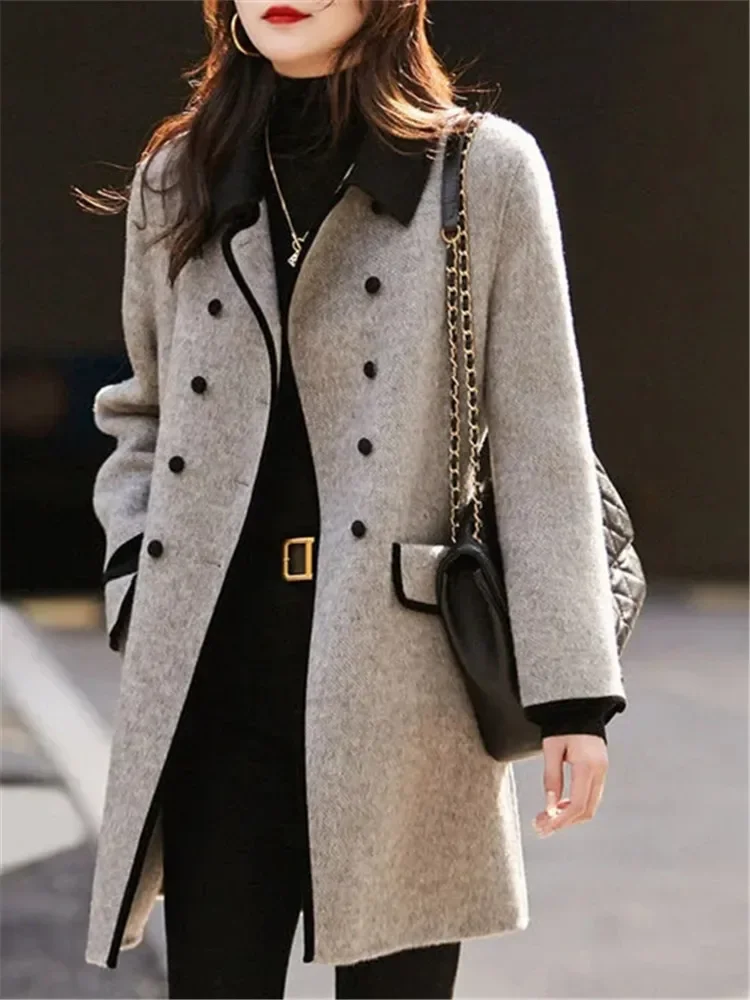 Chaqueta-de-lana-de-longitud-media-para-mujer-abrigo-suelto-con-solapa-de-empalme-doble ...