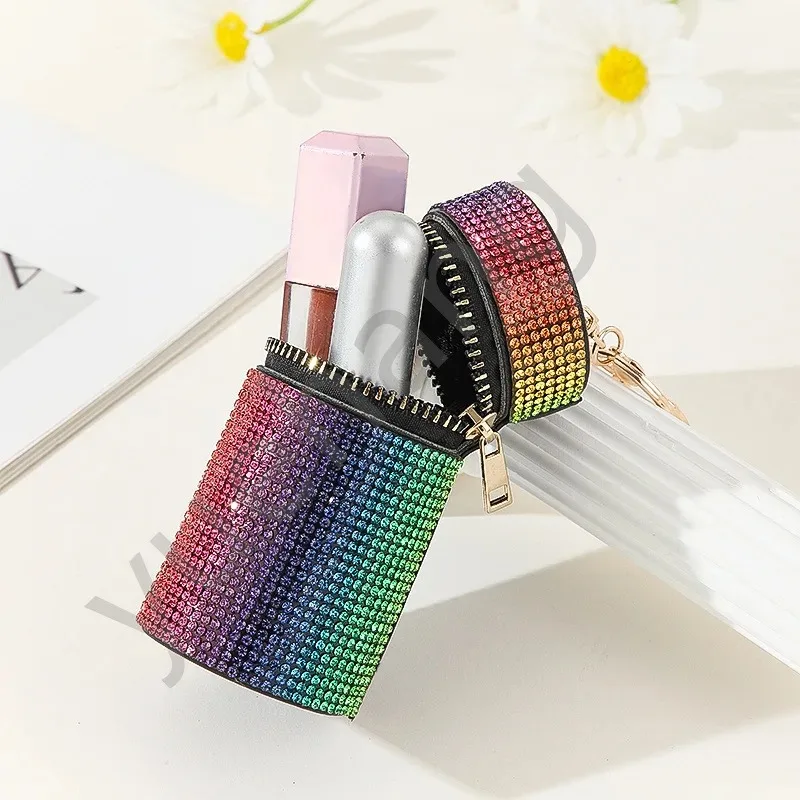 New Fashion Cylindrical Mini Rhinestone PU Lipstick Bag with Keychain ...