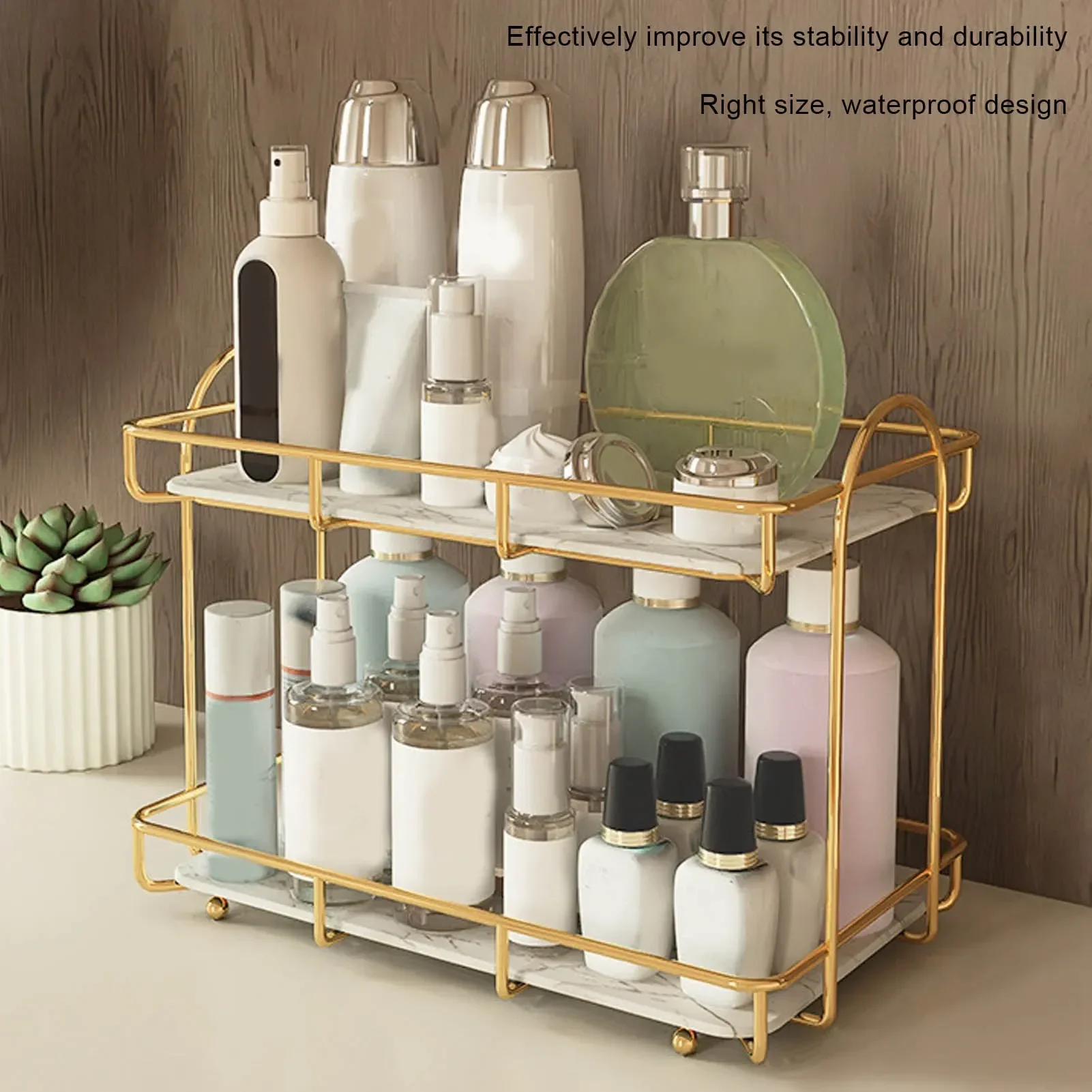 2 Tier Shampoo Storage Rack Bathroom Shelf Gold White Anti Slip Makeup ...