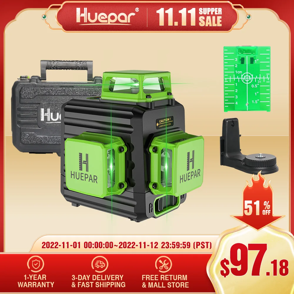 Huepar 3D Cross Line Self-leveling Laser Level 12 lines Green Beam Li ...