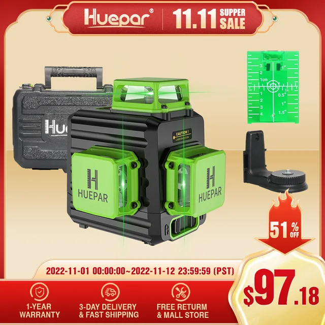 Huepar 3D Cross Line Self-leveling Laser Level 12 lines Green Beam Li ...