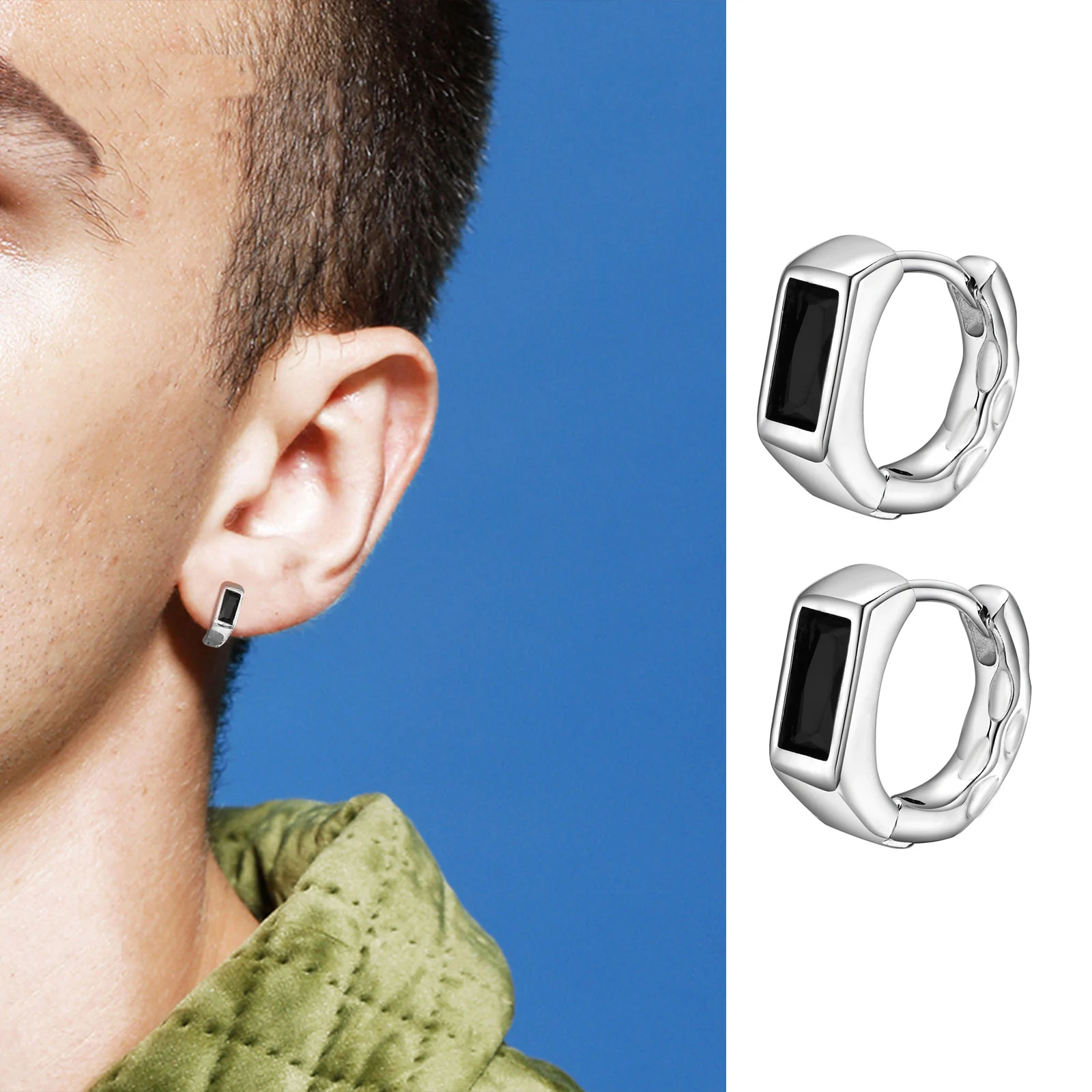 Geometric-Black-Stone-Earrings-for-Men-Boys-Silver-Color-Metal-Hoop ...