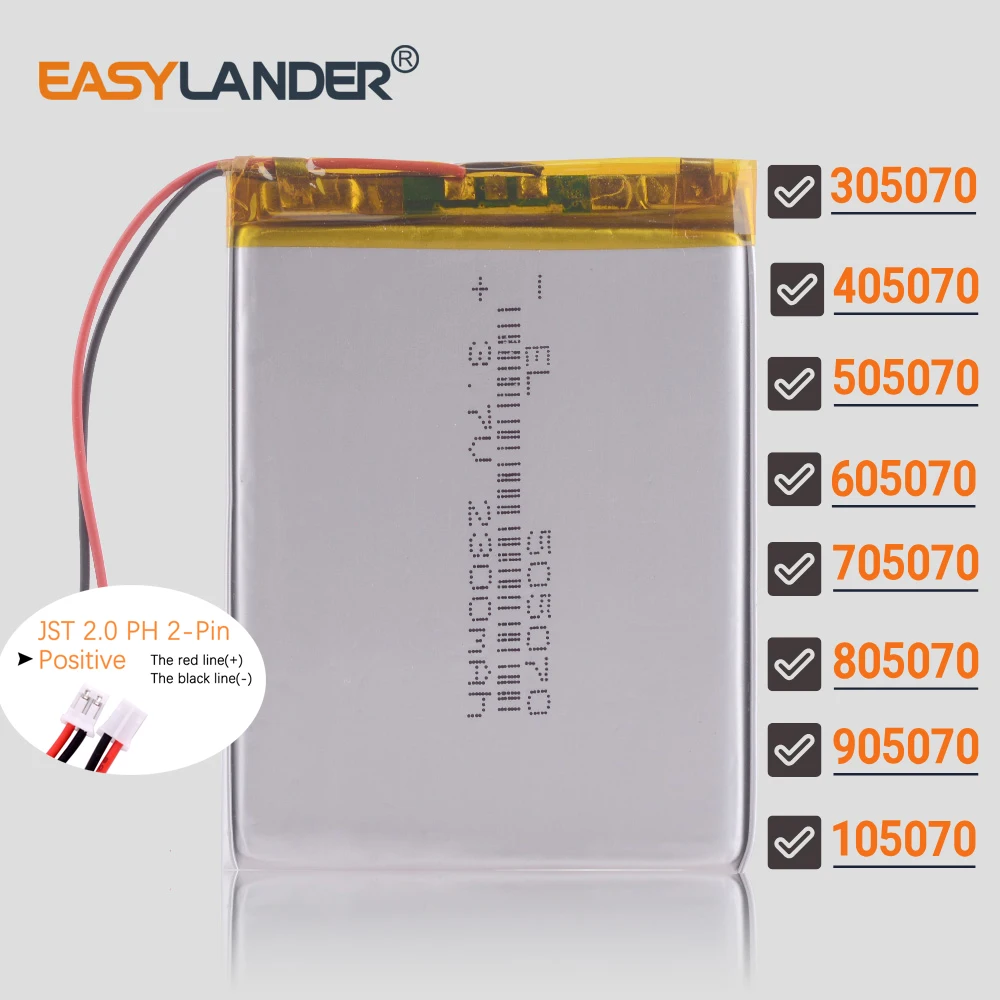 JST2.0mm 2Pin 3.7V 505070 2300mAh Lithium Li-ion Polymer Battery 505068 ...