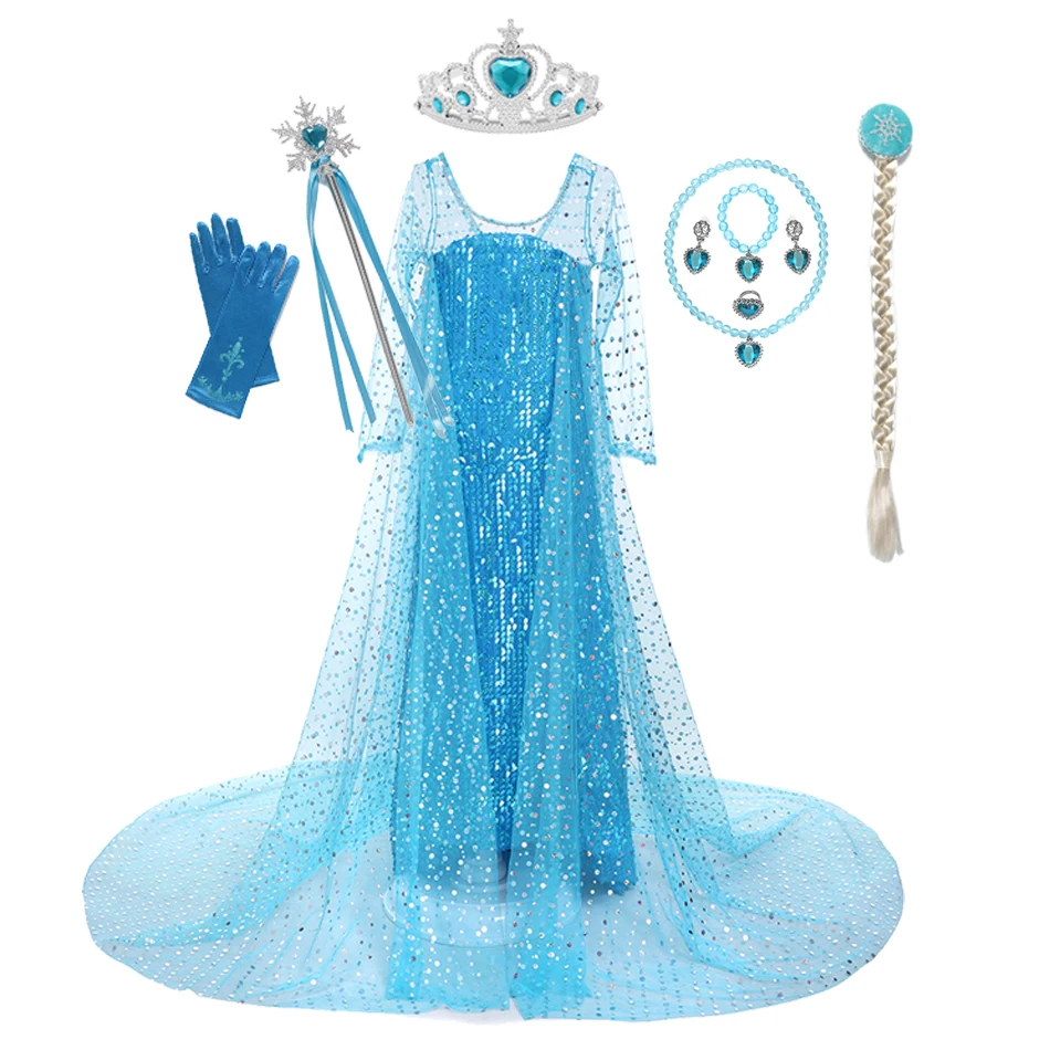 Disney Frozen Girls Elsa Cosplay Princess Dress Sequin Costume Snow ...