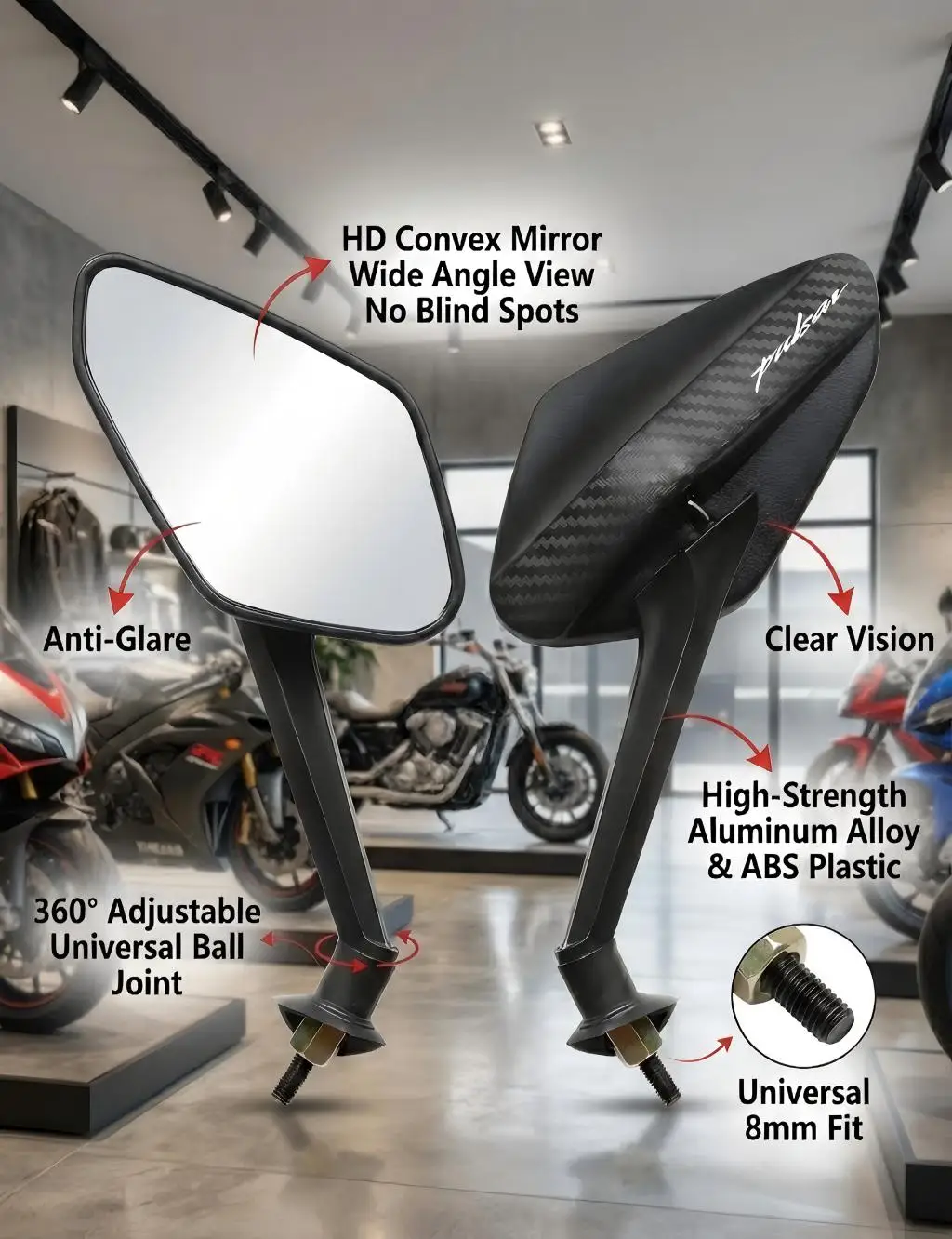 Motorcycle Carbon Fiber Rearview Side Mirror For Bajaj Pulsar High ...