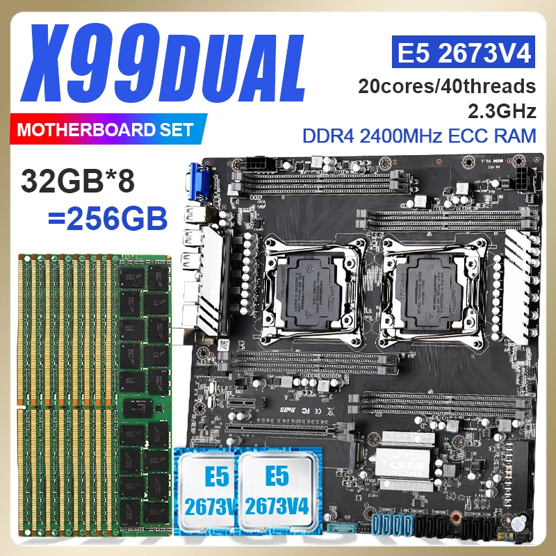 JINGSHA X99 듀얼 DDR4 마더 보드 세트, Xeon E5 2673 V4 LGA 2011 3 CPU 8pcs X 32GB = 256GB 2400MHz DDR4 ...