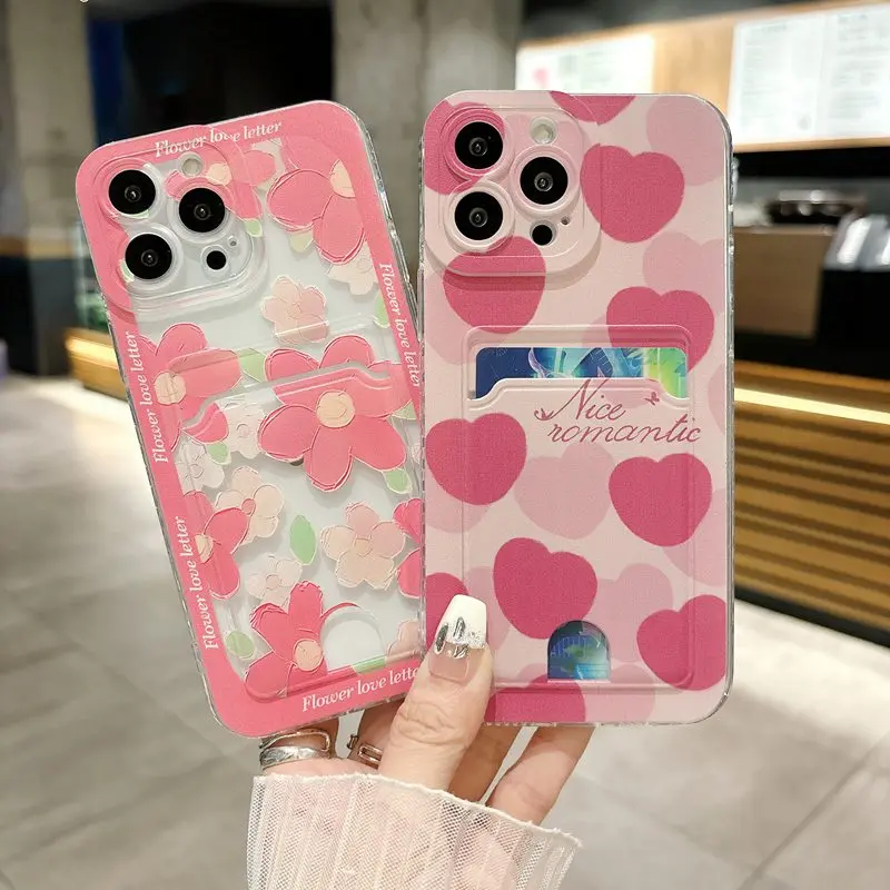 Pink-Heart-Oil-Flowers-Card-Bag-Phone-Case-For-Realme-12-11-10-9-Pro ...